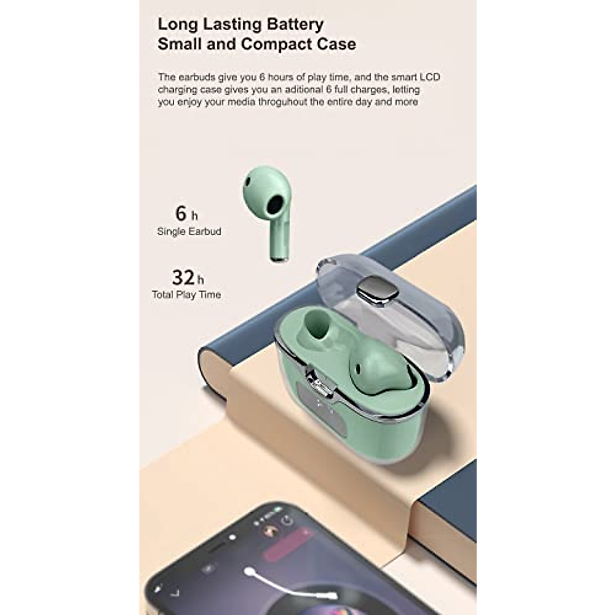 Acuvar in-Ear Wireless Bluetooth 5.2 Headphones, Earbuds IPX7 Waterproof with Microphone Rechargeable USB C Case LCD Display for Smartphones Android iOS (Green)