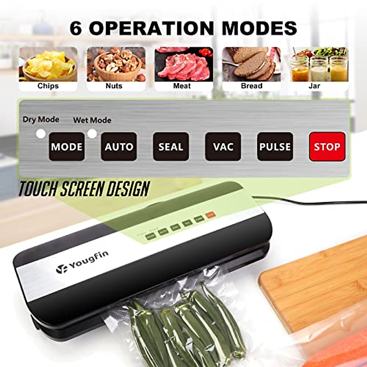 Yougfin Vacuum Sealer Machine, Dry & Moist Food Sealer with 6-in-1 Easy Operations for Food Storage and Sous Vide, Automatic Sealer Machine with 10 Sealer Bags, Touch Screen Design