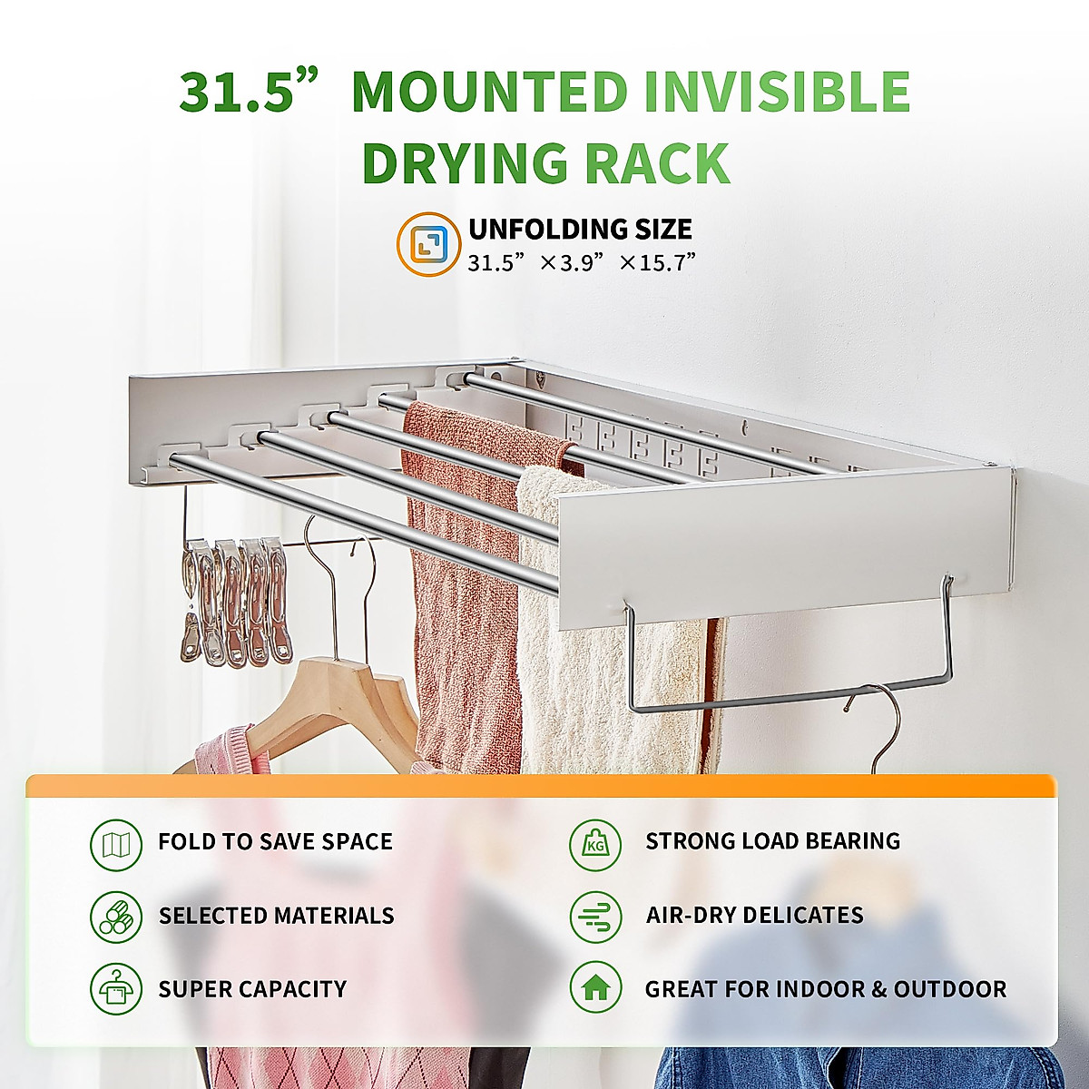 Heshecein Clothes Drying Rack for Laundry,Wall Mounted Collapsible Laundry Drying Rack,5 Stainless Steel Rods,Folding Indoor/Outdoor Drying Rack Clothing,Towel Drying Rack,White,31.5" Wide