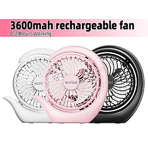 WUYILED Small Rechargeable Fan, Portable Usb or Battery Fan, 3600mah Small Desk Fan, 8-24Hours Working, 3 Speed & Keep Quiet, 3.28Ft Charging Cord(Black)