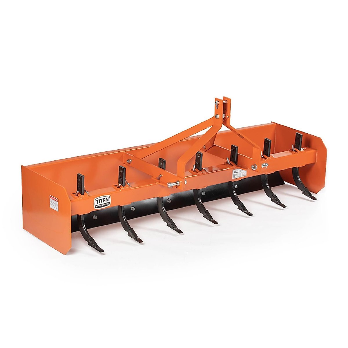 Titan Attachments 3 Point 7FT Rear Box Blade Scraper Grader, Category 0 and 1 Hitch Tractor Attachment, 7 Scarifier Teeth, Reversible Cutting Edge