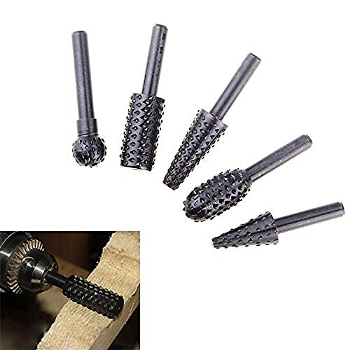 KangTeer Rotary Wood Rasp 5pcs Rotary File Set 1/4" Shank Wood Carving Rotary Burr Polishing Drill Bits(Gary)