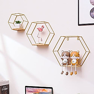 Rendeyuan Hexagonal Iron Stand Small Pot Wall Shelving Holder Home Shelf Storage Holder Decorative Shelves Floating Shelves - Gold - 24x9.5x20.5cm