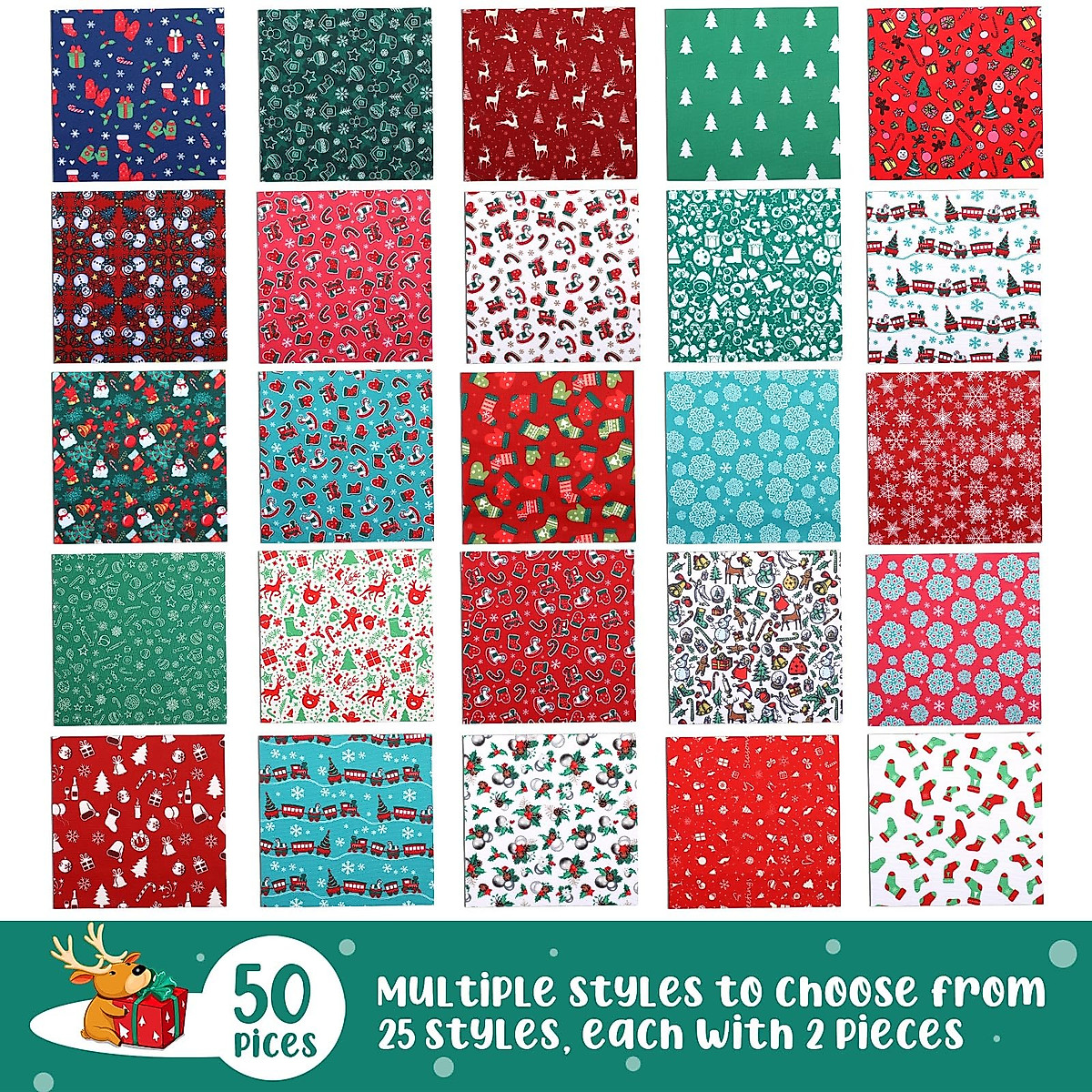 Preboun 50 Pcs 8 x 8 Inches/ 20 x 20 cm Christmas Fabric Squares Christmas Fabric 25 Different Patterns Fabric Scraps Quilting Craft Fabric Patchwork Fabric Bundles for Sewing Crafting DIY Supplies