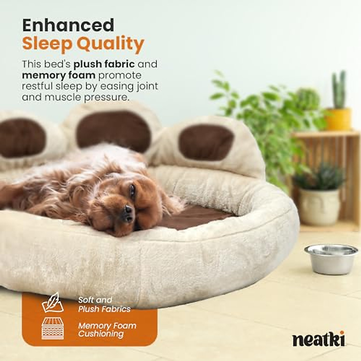 Neatki Orthopedic Ultra Soft, Cozy Plush Pet Bed (35" x 35.5" x 13.5"), for Medium to Large Dogs, Memory Foam, Water-Resistant, Removable Washable Cover, Nonskid Bottom (Brown, Paw-Shaped)