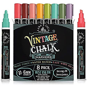 LANA & LUCA Liquid Chalk Markers - Wet Erase Marker Pens - for Chalkboards Signs, Windows, Blackboard, Glass - 6mm Reversible Tip (8 Pack) - Vintage Colors Multicolor