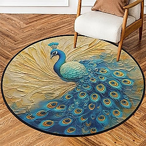 Peacock Pattern Round Area Rug, Animal Painted Non-Slip Circle Rug for Bedroom Living Room Outdoor Study Playing Floor Mat Carpet, 3' Diameter