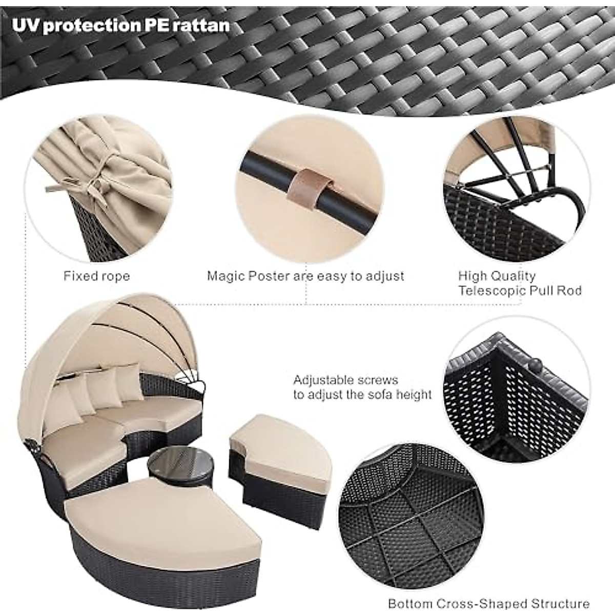 Walsunny Patio Furniture Round Daybed with Retractable Canopy, Outdoor Wicker Rattan Sectional Sofa Set,Seating Separates Cushioned Seats for Patio Lawn Backyard Pool