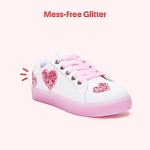 FabKids Girls Light Up Sneakers Glitter Heart White Shoes Low Top Lace Up Tennis Sneaker for Little Kid Size 2