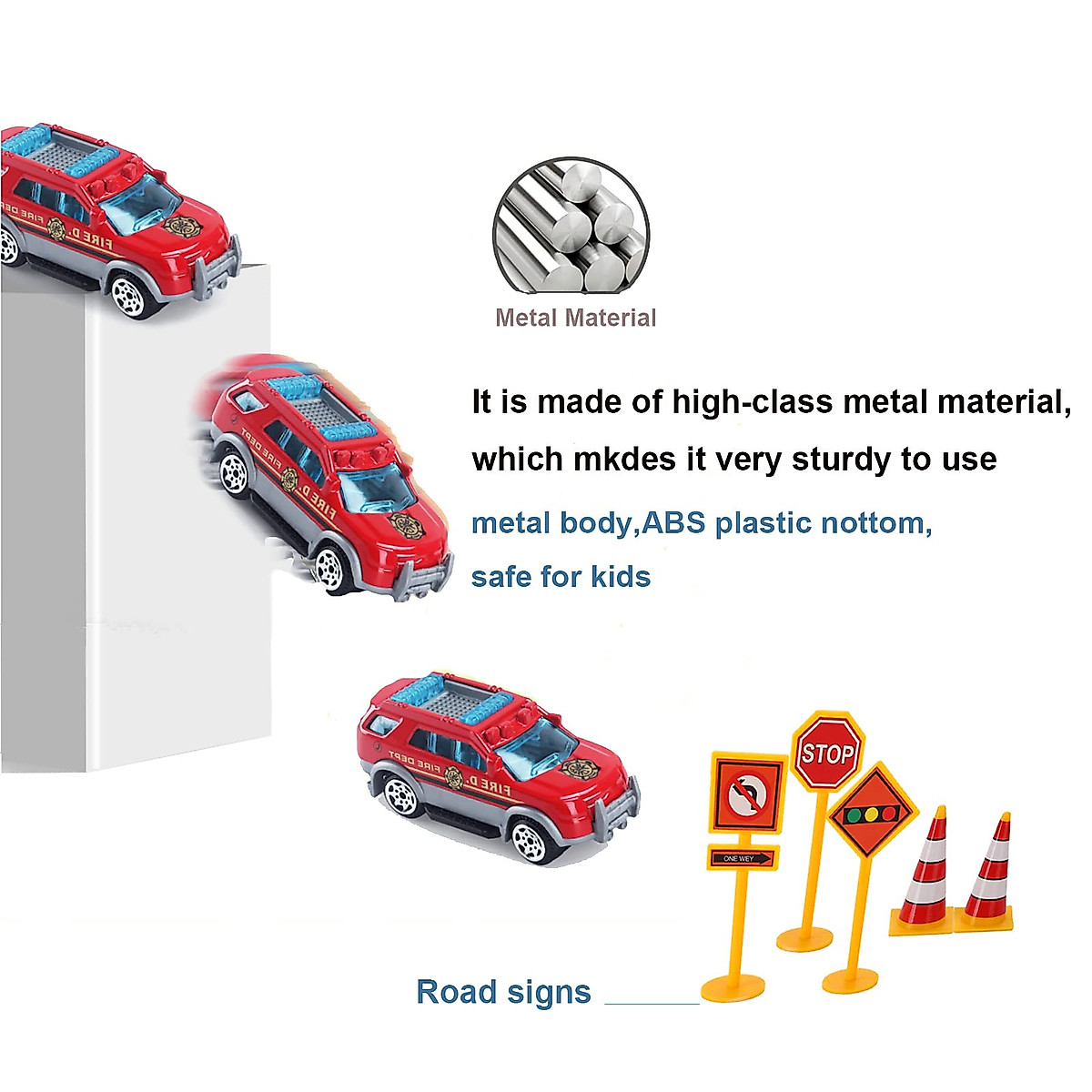 haomsj 17PCS Mini Police Car Toys for Boys 3-5 Die Cast Metal Toy Police Car Set Fire Trucks Including 5 Road Signs Kid Birthday Party Gift Police Party Decorations Police Toys