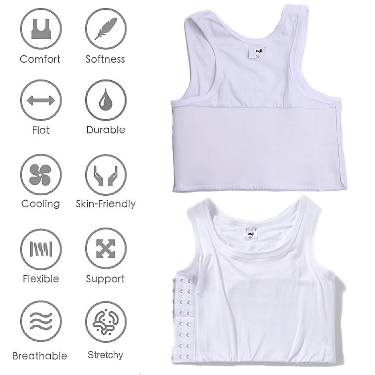 XUJI Transgender FTM Big Size Chest Binder Strapless Zip up Built-in Elastic Band Flat Slim Fit Tops (White, XXL)