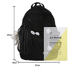 Aesthetic Backpack for School, Teen Girls Preppy Backpack, Fashion Big Student School Bags, Multi Pocket Canvas Backpack (Black)