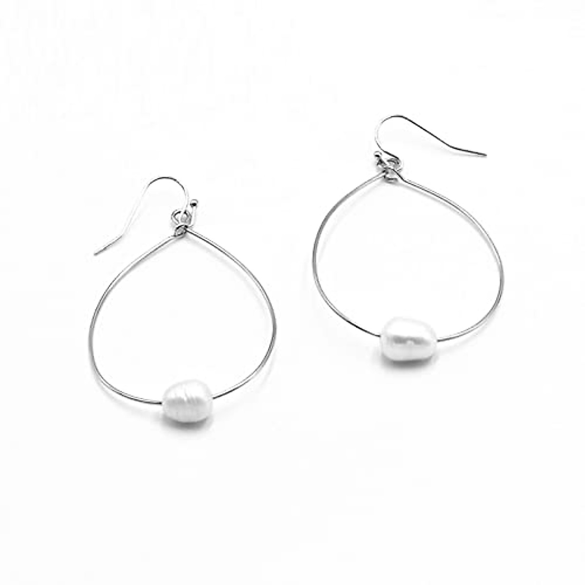 Pomina Lightweight Pearl Hoop Earrings, Gold Teardrop Pearl Dangle Drop Earrings for Women (Rhodium)