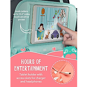 Planet Buddies Car Seat Organizer Kids, Car Accessories for Kids Storage with Tablet Holder up to 10.2 Inch, Car Organiser for Toys, Tablets, Bottles and Tissue Box Holder, Pink Owl