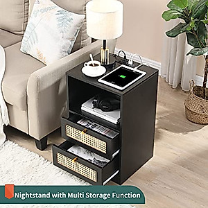 Yoobure Black Nightstand with Charging Station, Bed Side Table/Night Stand with Drawers, Modern Nightstands with USB Ports & Outlets for Bedroom, Living Room, Home Office