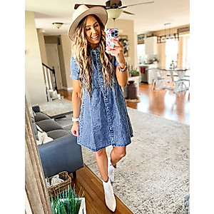 LookbookStore Denim Dress Womens Denim Babydoll Dress Short Sleeve Oversized Dress Lapel Collared Casual Dress for Women Summer Reef Blue Size L Babydoll Jean Dress Size 12, 14