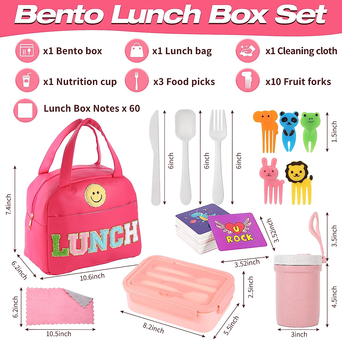 77 Pieces Bento Box Lunch Box Kit Large Pink Insulated Lunch Bag 3 Layer Stackable Leakproof Lunch Box Containers with Cup,Lunch Bag,Spoon,Fork,60 Pieces Lunch Box Notes for Girl Women (Rose Red)