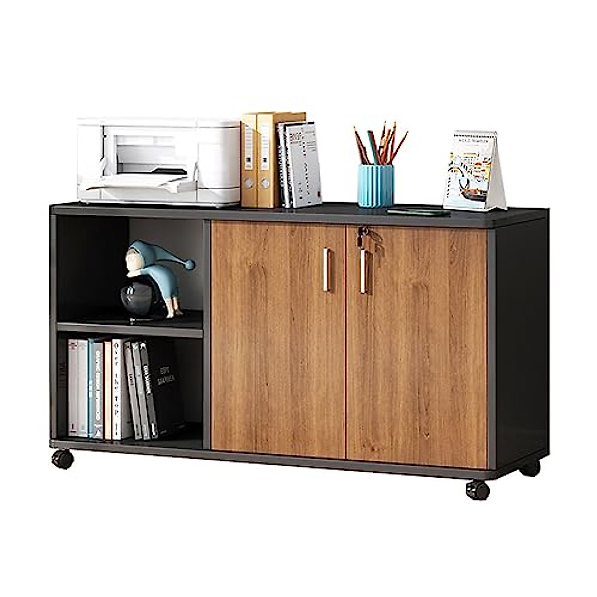 File cabinets for Home Office,Wood File Cabinet with Lock Wheels,Printer Stand with Open Storage,High Capacity File Organizer Multifunctional Mobile Filing Cabinet with Open Storage Shelf Black
