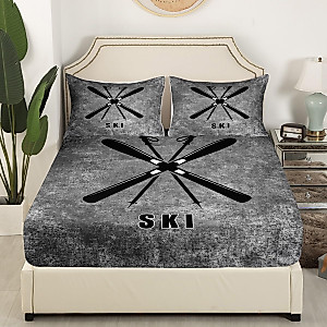 Ski Sheet Sets Twin Size Black Snowboard Grey Tie Dye Bedding Set 3Pcs for Kids Boys Girls Adult Room Decor Ski Sports Gaming Bed Sheet Skiing Lover Fashion Fitted + Flat Sheet,1 Pillowcase