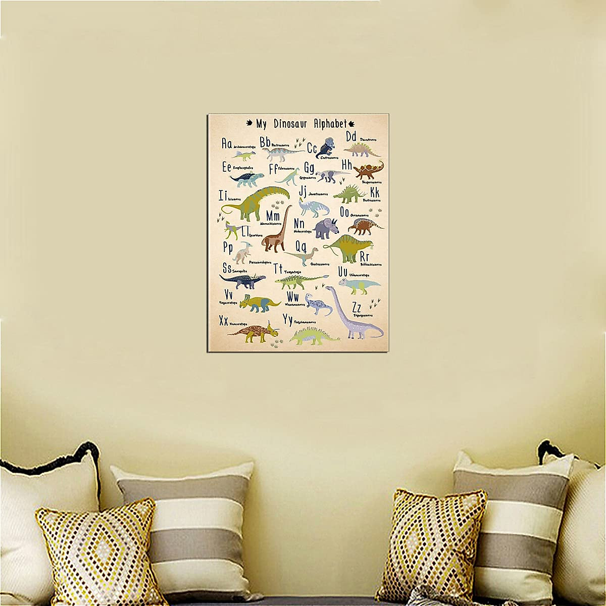 Cute Animal Dinosaur Alphabet Kid Educational Chart Boys Room Canvas Wall Art for Nursery Kids Children Play Room Wall Decor Retro Parchment paper Style Framed 12x16inch
