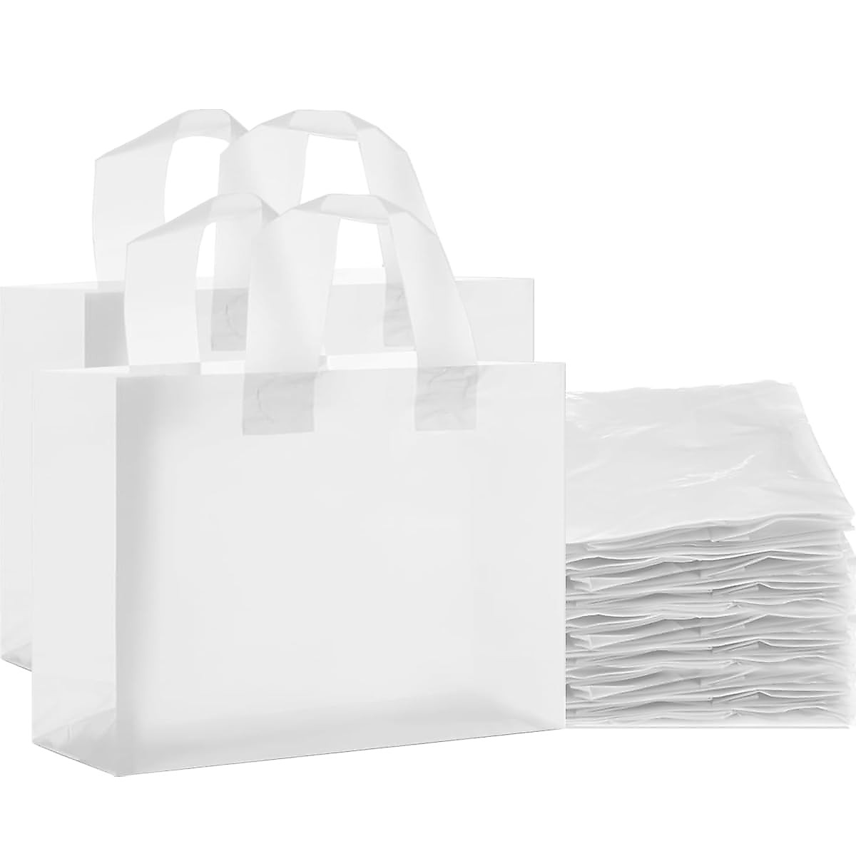 Haploon Clear Bags 100 Pcs Plastic Bags with Handles Bulk, Frosted Large Plastic Bags Soft for Shopping Bags Big Size 16" x 14" x 4", Gift Bags, Take Out Bags, High-Density