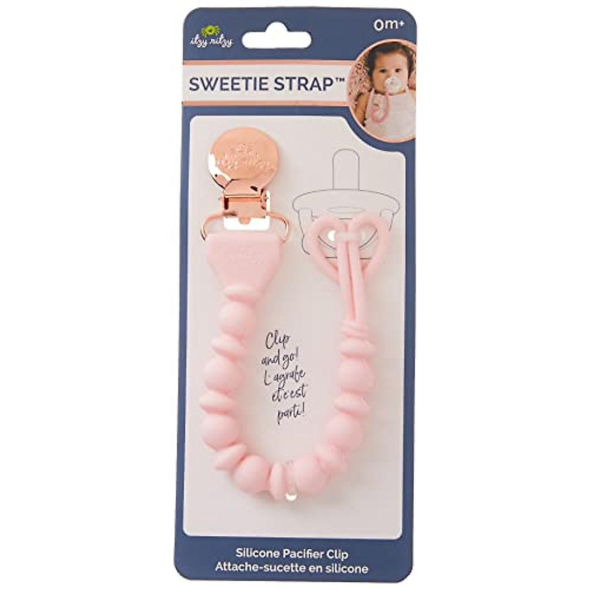 Itzy Ritzy Silicone Pacifier Clip; 100% Silicone Pacifier Strap with Clip Keeps Pacifiers, Teethers & Small Toys in Place; Features One-Piece Design & Silicone Cord, Pink + Rose Gold Clip