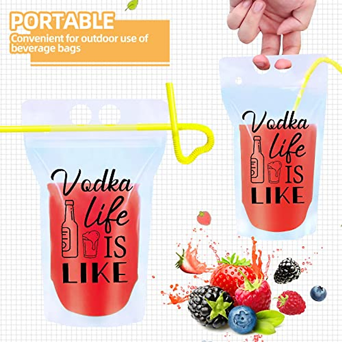 48pc Drink Pouches with Straws, Stand-Up Plastic Drink Pouches for Adults Bags with Zipper Party Beverage Bags Juice Pouches for Smoothie, Cold & Hot Drinks with 48 Drink Straws(48 Sets,6 Styles)