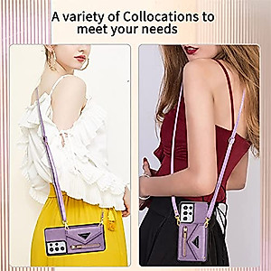 SZHAIYU Flip Leather Wallet Cover for Samsung Galaxy S23 Ultra 5G Crossbody Case with Credit Card Holder Strap Lanyard 6.8'', Women Girl Purse Kickstand (Purple,S23 Ultra)