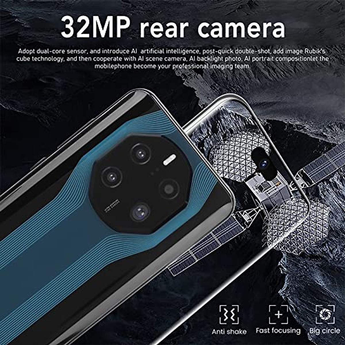 Yunseity 3G Smartphone, Mate50 RS 6.6in Face Unlock Mobile Phone, 4GB RAM 64GB ROM Quad Core, 24MP 32MP Dual Camera, 5000mAh Battery, 2.4G 5G Dual Band WiFi Dual Sim Cell Phone for Android (Black)