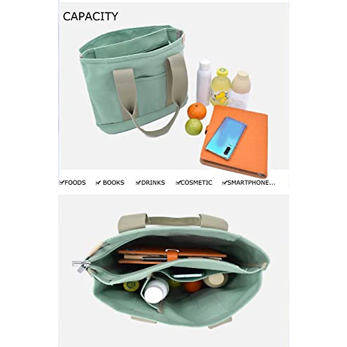 Green Canvas Tote Bag Casual Multi pockets Handbags Large Capacity Shopping Shoulder Bag with Pocket Bags Work Purses Travel Satchel