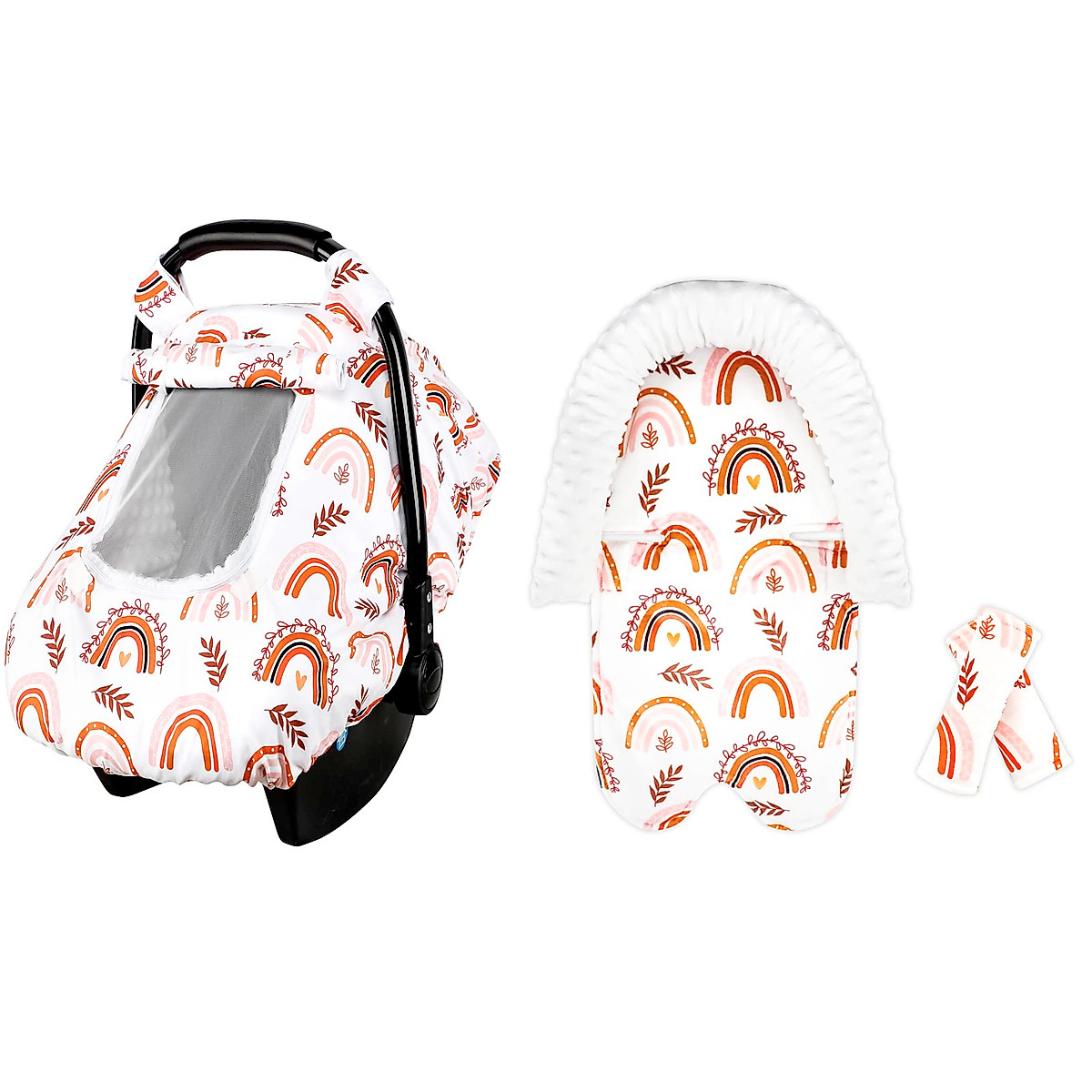 Infant Car Seat Covers and Baby Car Seat Head Support Strap Cover Set for Newborns Ultra Soft Comfortable Minky Dot Fabric Unique Rainbow Pattern