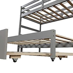 Polibi Stairway Twin Over Twin/King Bunk Bed with Size Trundle, Drawers and Guardrail, 3-in-1 Wood Trundle for Boys Girls, Grey