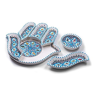 KAMSAH Plate Set & Serving Platter, Custom Hand-Painted Ceramic Appetizer Hamsa Tray Serving Dishes for Celebrations, Parties and Events (Hand - Large, Turquoise)
