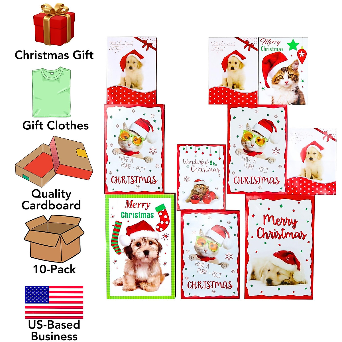 Iconikal Printed Gift Boxes for Christmas, Shirt, Robe, Lingerie, Hat, Gloves, Santa Paws Pets Design, 3-Sizes, Small, Medium and Large 10-Pack