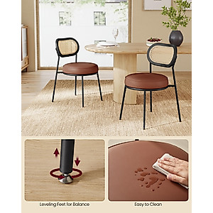 VASAGLE Dining Chairs, Set of 2 Dining Room Chairs with Boho PE Rattan Back, Synthetic Leather Upholstered Accent Chairs for Kitchen Living Room, Coffee Brown ULDC160K02V1