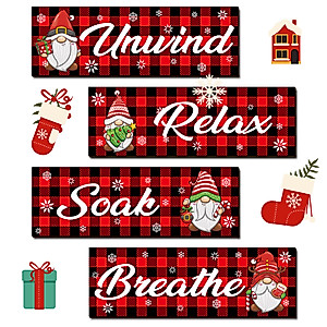 4 Pieces Christmas Bathroom Wall Decor Christmas Gnome Wood Relax Soak Unwind Breathe Wall Art Bathroom Sign Hanging Snowman Winter Xmas Wooden Sign for Christmas Winter Living Room Laundry Bathroom