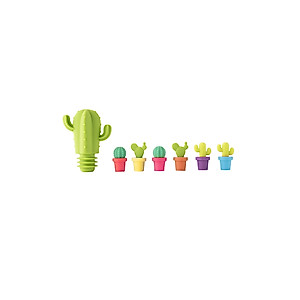 TrueZoo Cactus Wine Glass Charms and Drink Markers with Bottle Stopper - Wine Accessories - Multi Color Set of 7