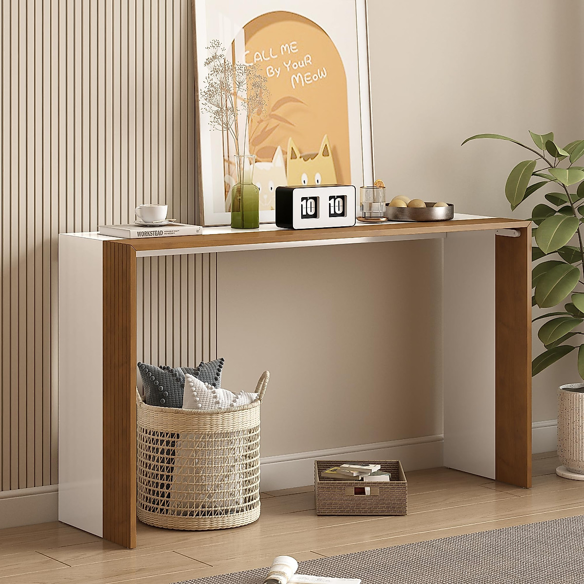 Color-Blocked Console Table, Modern Minimalist Style Sofa Table for Entrance, Hallwayand Living Room, White and Brown