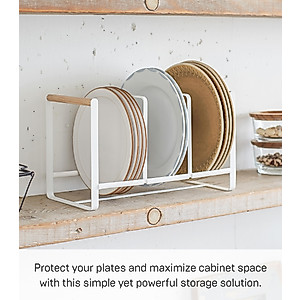 Yamazaki Plate Home Accented Storage Rack-Kitchen Holder Stand | Steel + Wood | Large | Dish Organizer, White