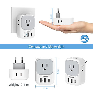 2 Pack European Plug Adapter USB C, TESSAN US to Europe Plug Adapter with 4 Outlets 3 USB Charger, Type C Power Adaptor to Italy Spain France Portugal Iceland Germany, Gray White