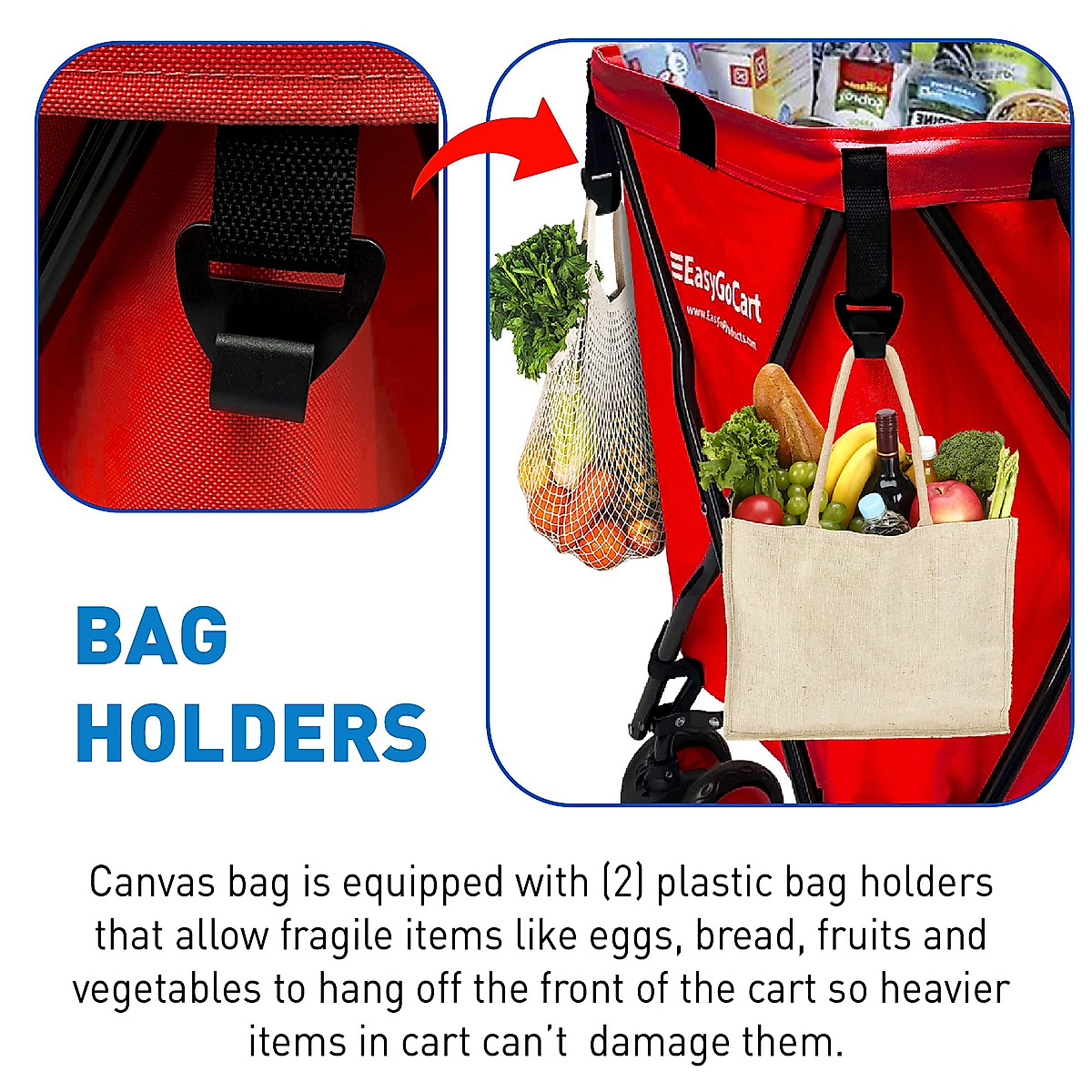 EasyGo Rolling Cart Folding Grocery Shopping Cart Laundry Basket Rolling Utility Cart with Wheels – Removable Canvas Bag - Versa Wheels & Rear Brakes - Easy Folding 120lbs Capacity – Copyrighted – RED