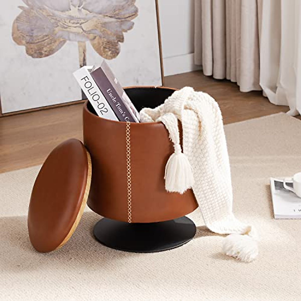 HeuGah Storage Ottoman with Storage for Living Room,Faux Leather Round Ottoman Coffee Table and Ottoman Foot Rest with Metal Rotatable Chassis (Brown)