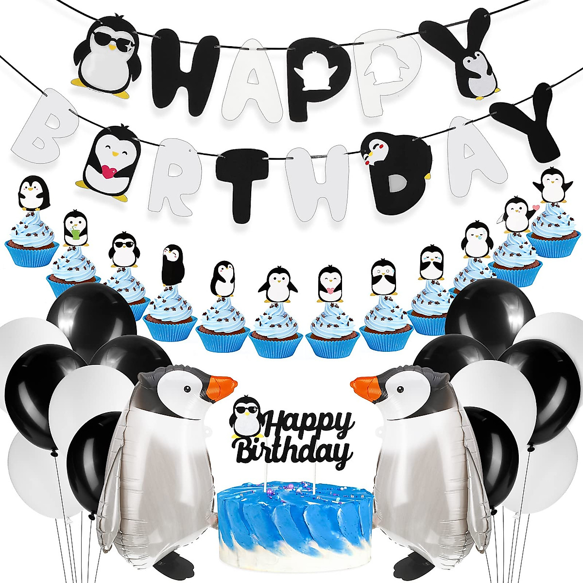 Gejoy 48 Pcs Penguin Birthday Party Decoration Includes Happy Birthday Penguin Banner Walking Penguin Balloons Penguin Cake Topper Latex Balloons Penguin Party Supplies for Winter Birthday Baby Shower