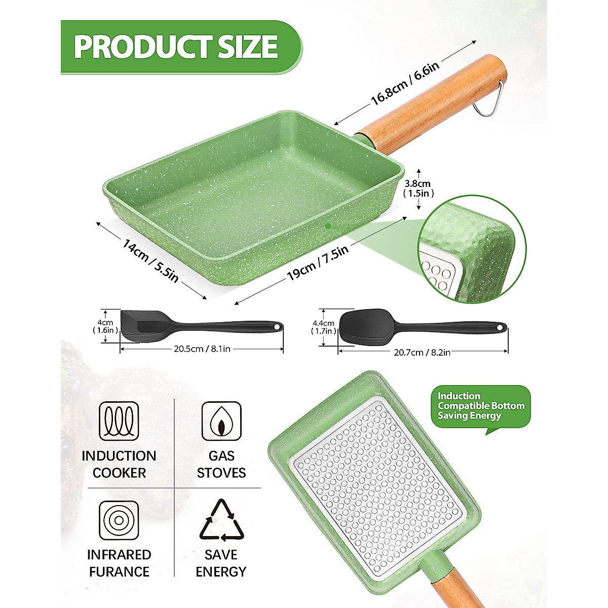 BUNDLEPRO Japanese Omelette Pan, Non Stick Tamagoyaki Eggs Frying Pan, Square Granite Cookware set, Small Induction Skillet with Silicone Spatulas for Breakfast(7.1inch)