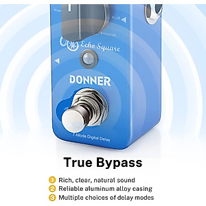 Donner Echo Square Delay Pedal - Digital 7-Modes Delay for Electric Guitar, Multi-Delay including Digital, Analog, Tape, Mod, Sweep, Lofi, Reverse - True Bypass