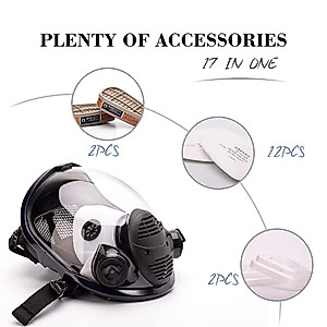 AUWOD 17in 1 Reusable Full Face Respirator Widely Used in Paint Sprayer, Chemical,Woodworking,Dust Protector