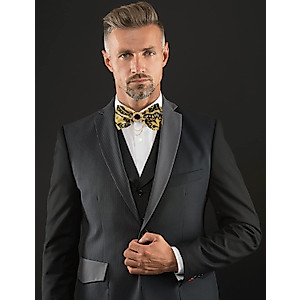 DiBanGu Shiny Black Gold Self Bow Tie for Men Jacquard Woven Paisley Bow Tie Pocket Square Cufflinks Lapel Pin Wedding