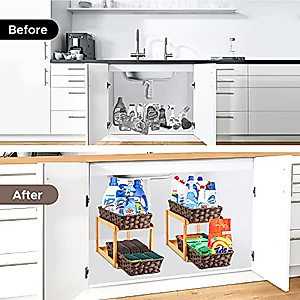 2-Tier Under the Sink Organizer Wicker Baskets, Under Bathroom/Kitchen Sink Organizers and Storage, 2 Slide-Out Storage Baskets and Bamboo Tray for Bathroom Kitchen Pantry Medicine Cabinet Counter