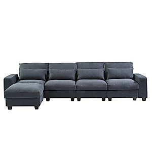 KEVINSPACE 129.9" L-Shaped Sofa Modern 3 Seat Upholstered Couch Reversible Sectional Sofa with Removable Ottomans Solid Wood Legs and Waist Pillows for Living Room, Bedroom, Dark Gray