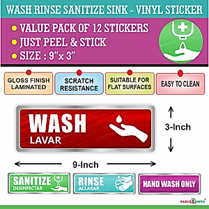 Wash Rinse Sanitize Sink Labels - (Pack of 12) 9"x3" Large Hand Wash Only Sign for 3 Compartment Sink Commercial Kitchens Vinyl Sticker